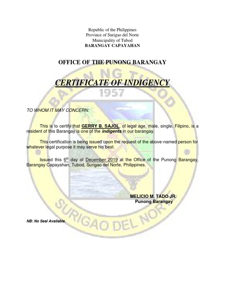 Certificate of Indigency | PDF