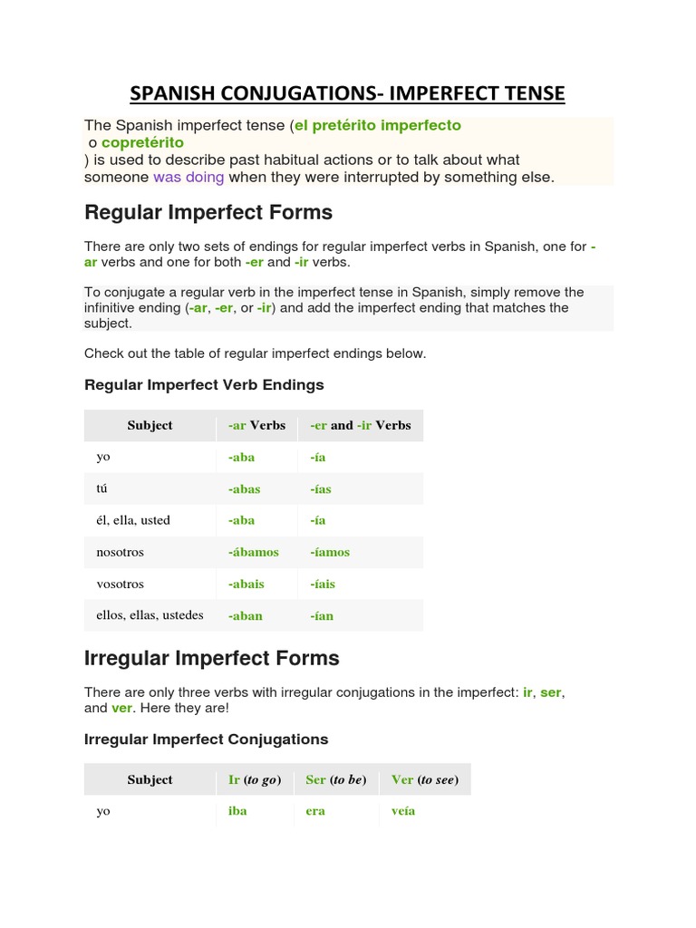 Spanish Conjugations-Imperfect Tense | PDF | Linguistic Typology ...