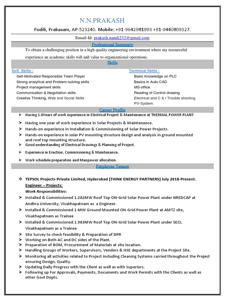 Prakash Resume | PDF | Solar Power | Power Station