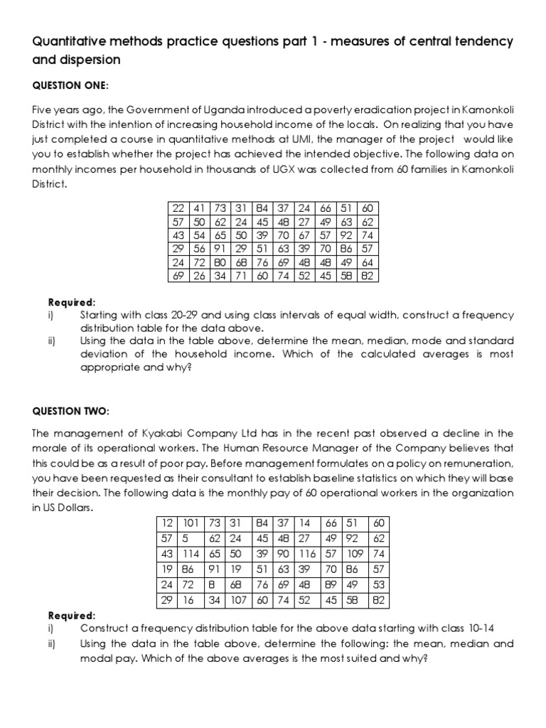 Quantitative Methods Practice Questions Part I - Measures of Central ...
