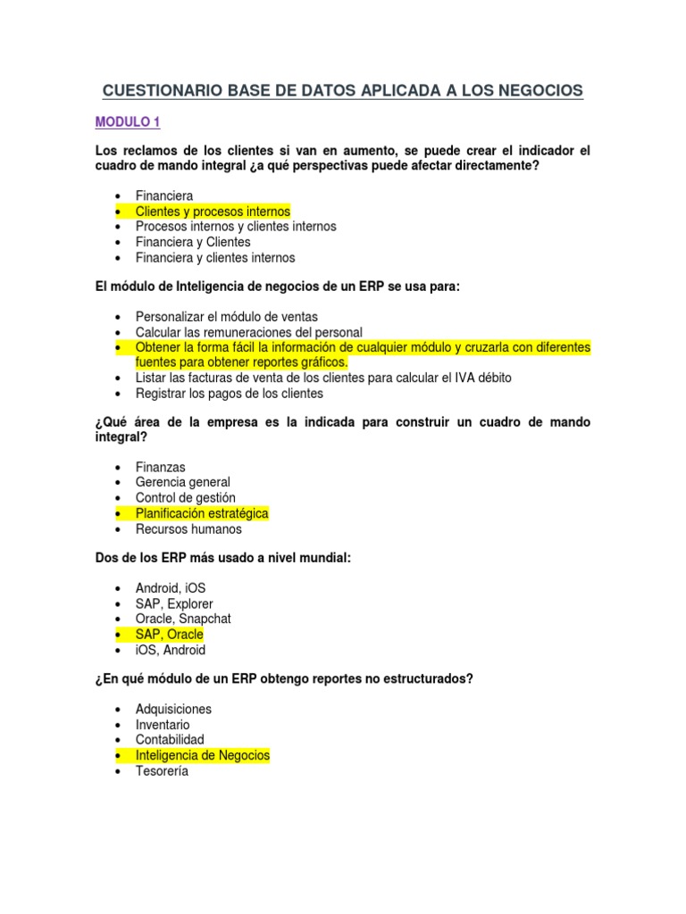 Cuestionario Base de Datos Aplicada A Los Negocios Margarita | PDF | Planificación de recursos ...