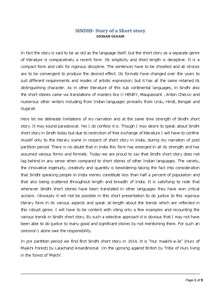 Sindhi Story of A Short Story | PDF | Partition Of India | Short Stories