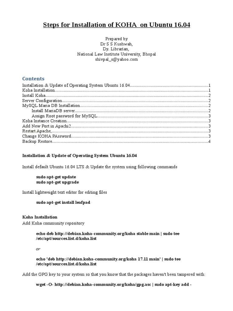 Koha Ubuntu Installation | PDF | Sudo | Databases