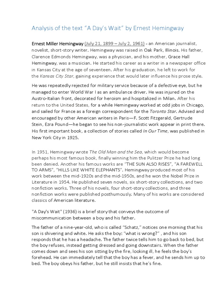 Analysis of The Text "A Day's Wait" by Ernest Hemingway | PDF | Ernest ...