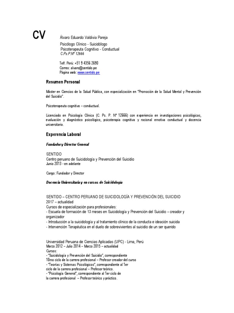 CV de Álvaro Valdivia: Psicólogo y Suicidólogo | PDF | Psicoterapia | Suicidio