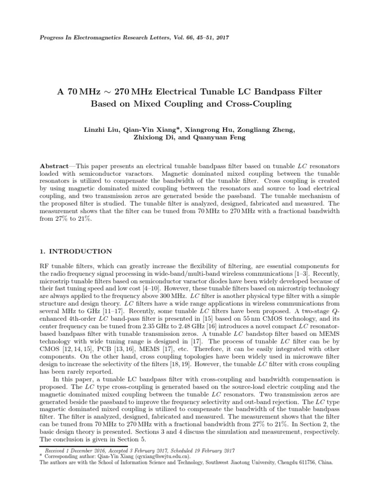 A 70 MHZ 270 MHZ Electrical Tunable LC Bandpass Filter | PDF ...