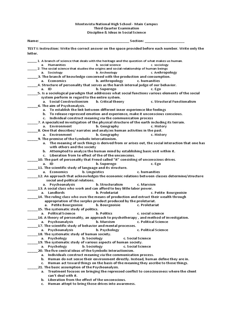 Montevista High School Social Science Exam | PDF | Id | Social Science