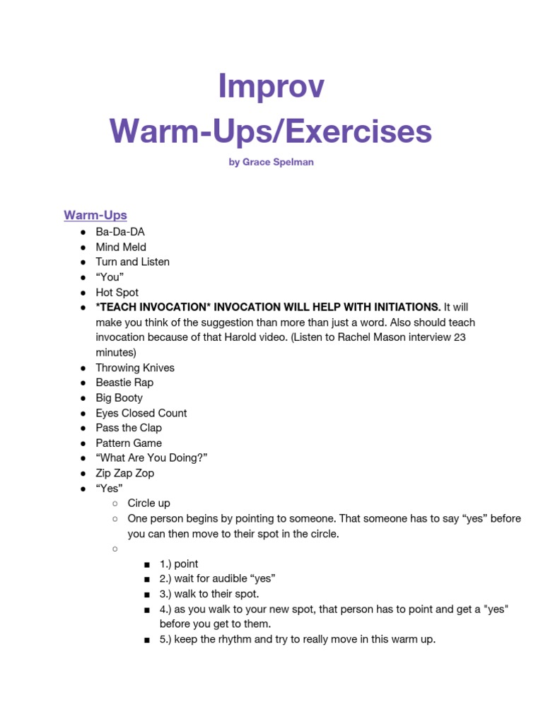 Improv Exercises and Warm Ups | PDF | Improvisational Theatre
