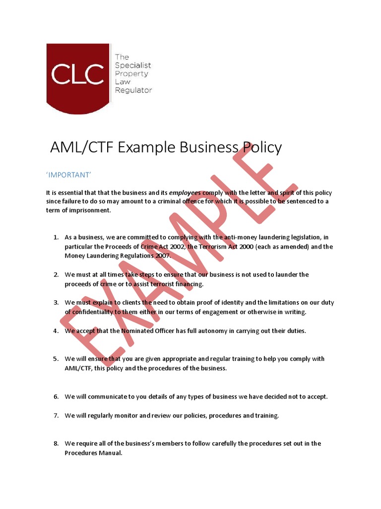 AML Policy Example | PDF | Money Laundering | Public Law