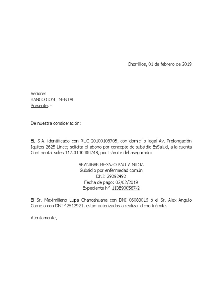 Carta Cobro Subsidio 2019 | PDF | Servicios (economía) | Pagos