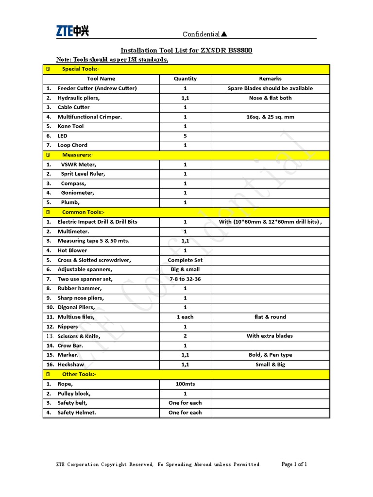 Installation Tool List For ZXSDR BS8800 | PDF | Equipment | Machines