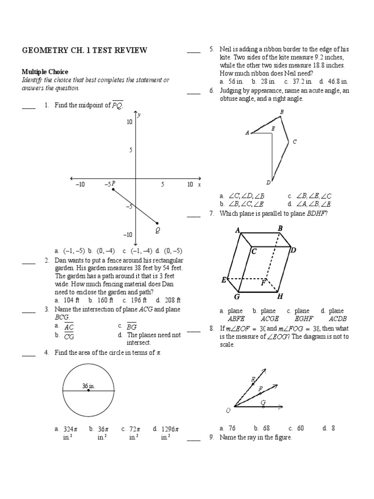 Geometry CH 1 Test Review B | PDF | Angle | Circle