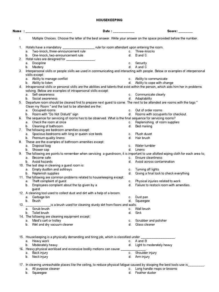 Housekeeping. Exam | PDF | Housekeeping | Personal Protective Equipment
