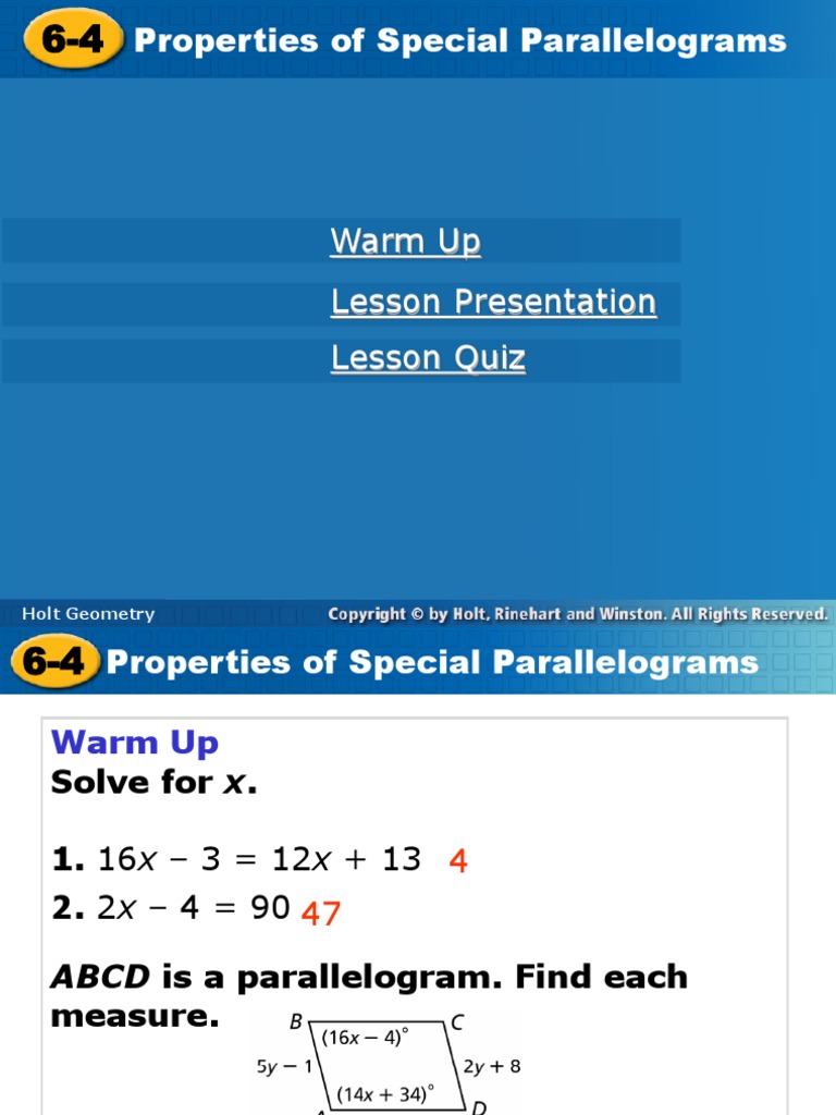 6 4properties of Special Parallelograms - PPSX | PDF | Rectangle | Perpendicular