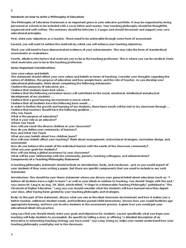Handouts On How To Write A Philosophy of Education | PDF | Philosophy ...