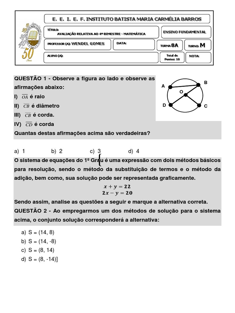 MATEMÁTICA 4 Bim IBMC 8 Ano Dez19 PDF | PDF | Objetos matemáticos | Matemática elementar