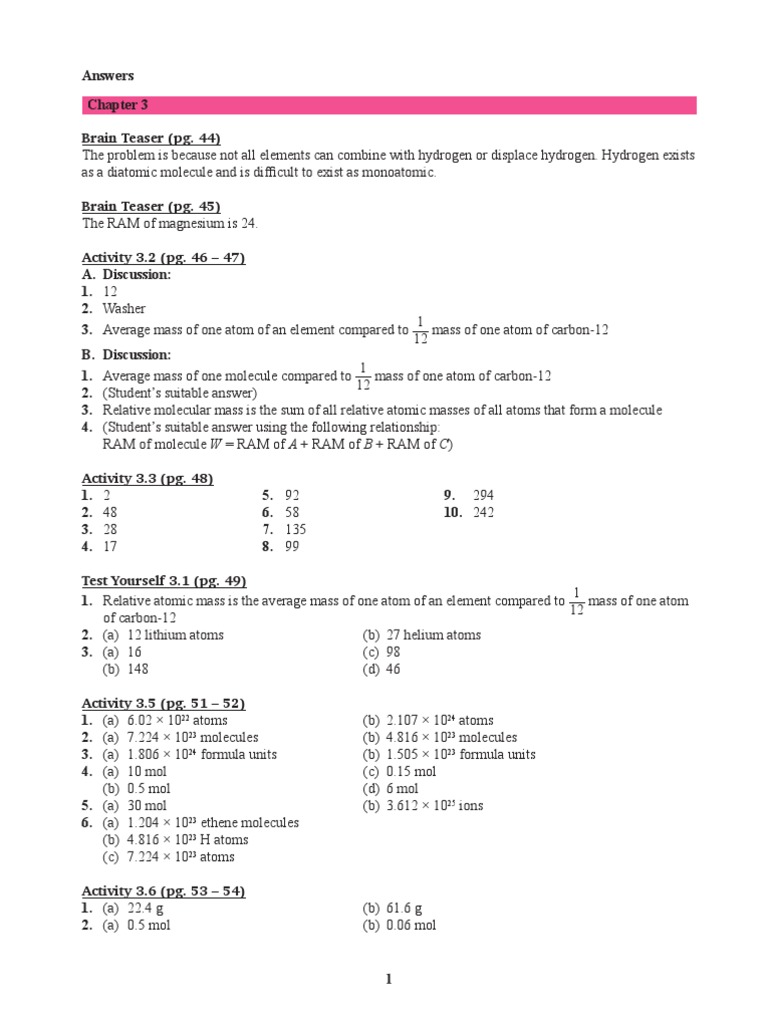 Answers - Chapter 3 | PDF | Mole (Unit) | Chemical Substances