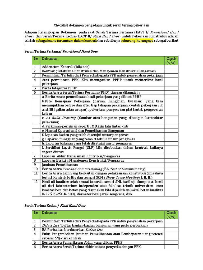 Checklist Dokumen Serah Terima Konstruksi | PDF | Teknologi & Rekayasa
