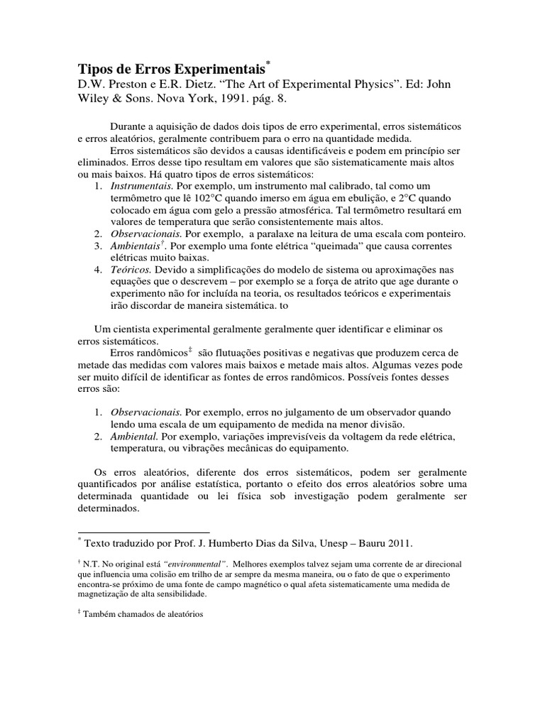 Tipos de Erros Experimentais PDF | PDF | Magnetismo | Termômetro