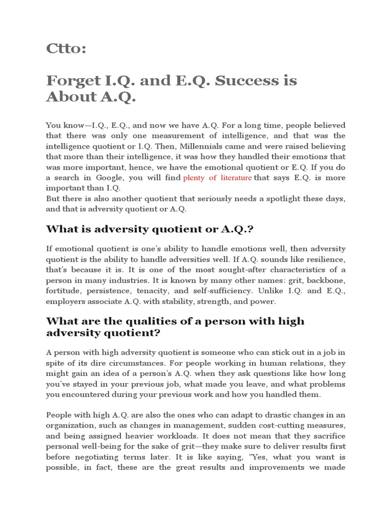 Adversity Quotient | PDF | Emotional Intelligence | Grit (Personality ...
