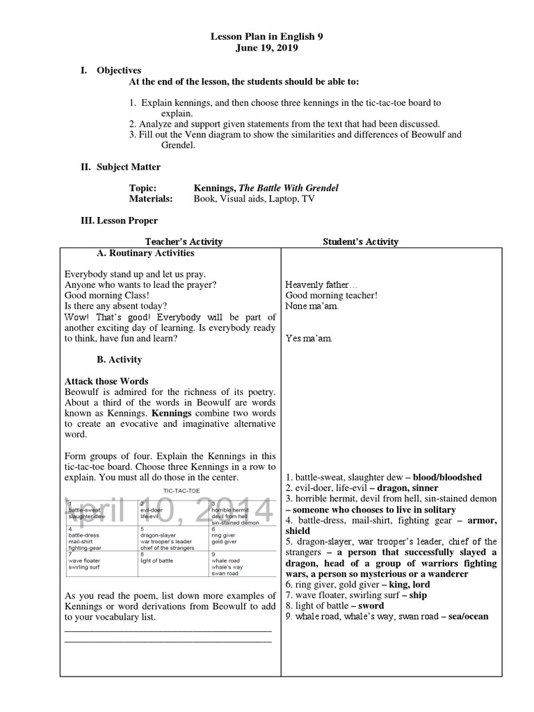 Beowulf and Grendel Lesson Plan | PDF | Beowulf