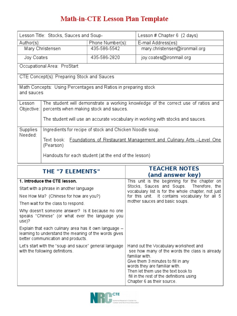 Lesson Plan-Stocks Soups and Sauces | PDF | Foods | Cooking