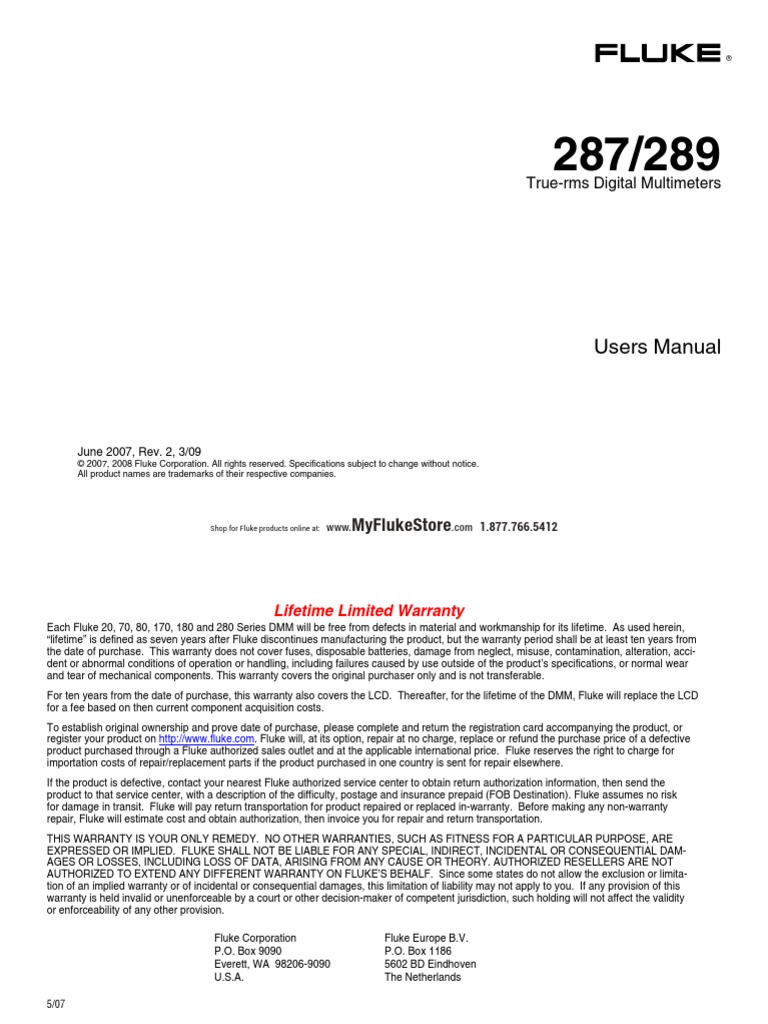 Fluke 287 Multimeter Manual PDF | PDF | Capacitor | Fuse (Electrical)