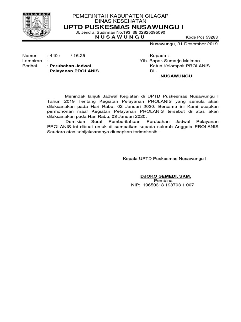 Surat Perubahan Jadwal Prolanis | PDF