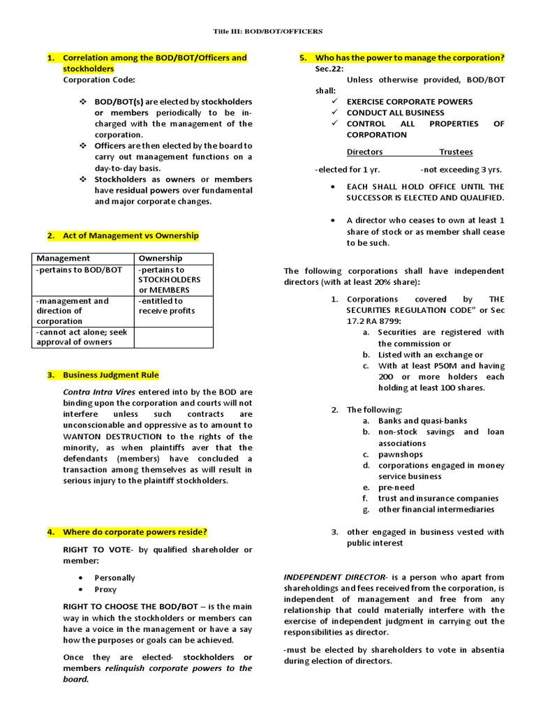 Title 3 Bod - Bot.officers | PDF | Board Of Directors | Corporations