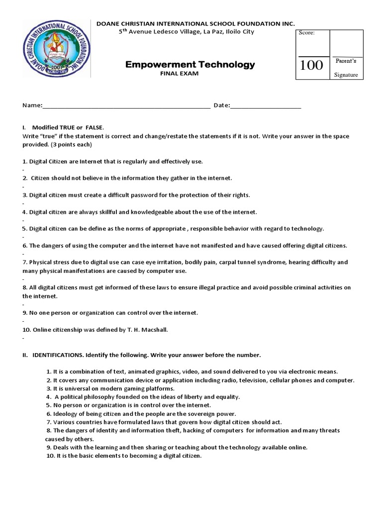 Empowerment in Technology (Final Exam) | PDF | Internet | Citizenship