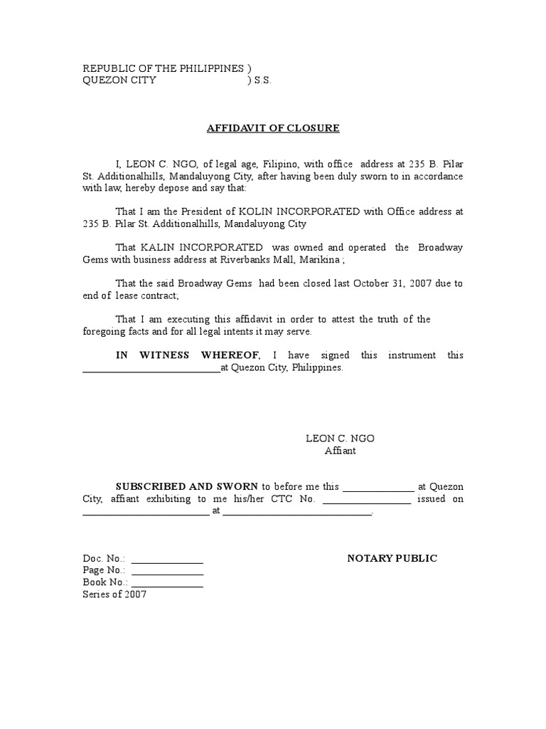 Aff of Closure | PDF | Affidavit | Document