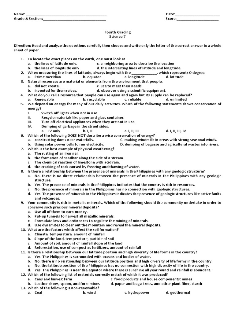 Grade 7 Science Questionnaire | PDF | Atmosphere Of Earth | Monsoon