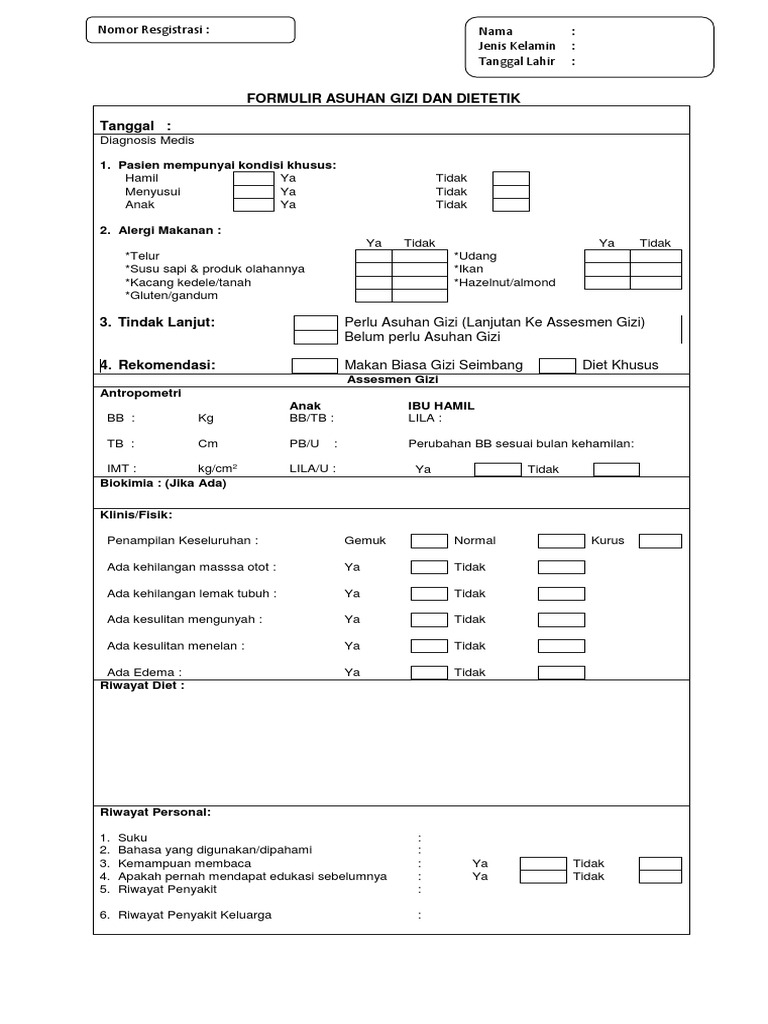 Formulir Asuhan Gizi Dan Dietetik | PDF