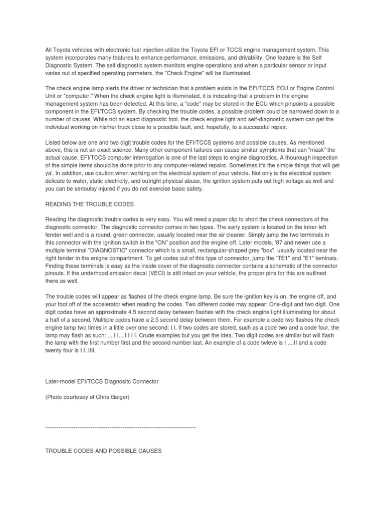 All Toyota Vehicles With Electronic Fuel Injection Utilize The Toyota EFI or TCCS Engine ...