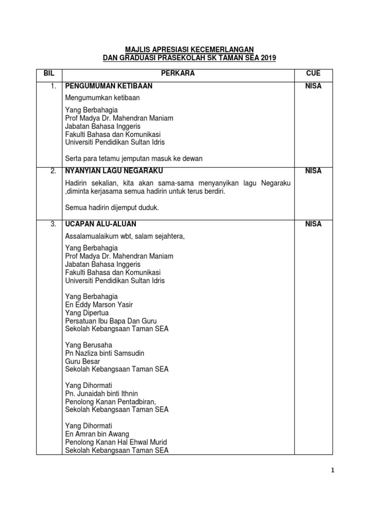 TEKS PENGACARA MAJLIS Kecemerlangan Dan Graduasi Prasekolah 2019 | PDF