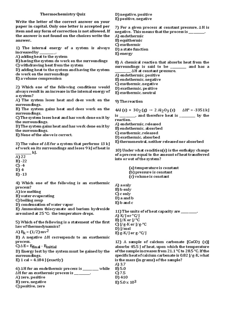 Thermochemistry Quiz | PDF | Enthalpy | Celsius