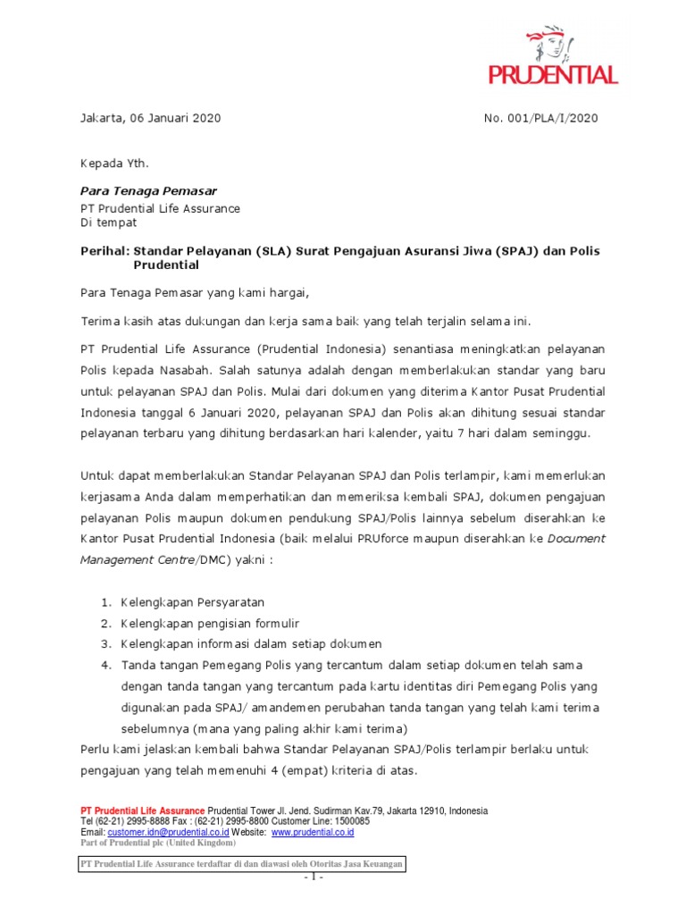 No - 001 - Standar Pelayanan (SLA) Surat Pengajuan Asuransi Jiwa (SPAJ ...