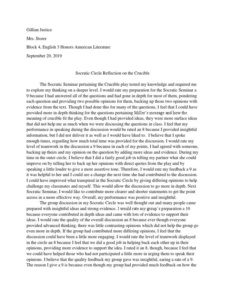 Socratic Seminar Reflection Essay | PDF