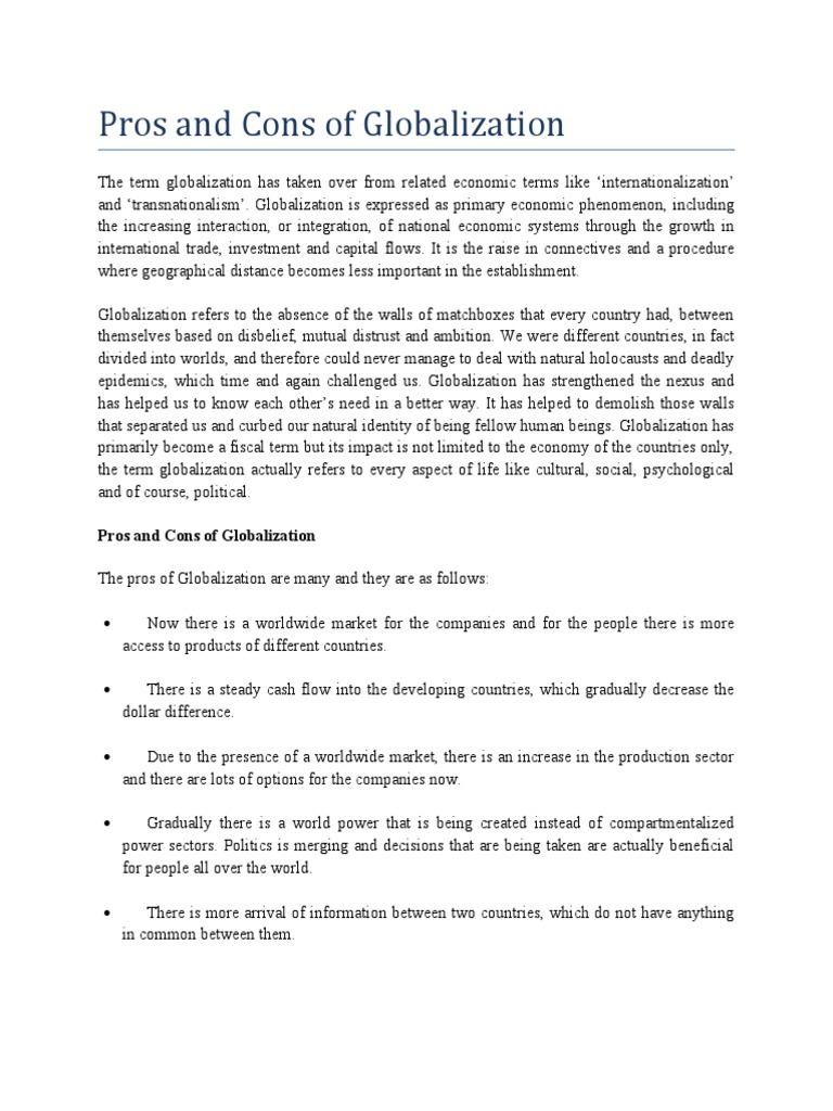 Pros and Cons of Globalization | PDF | Globalization | Outsourcing