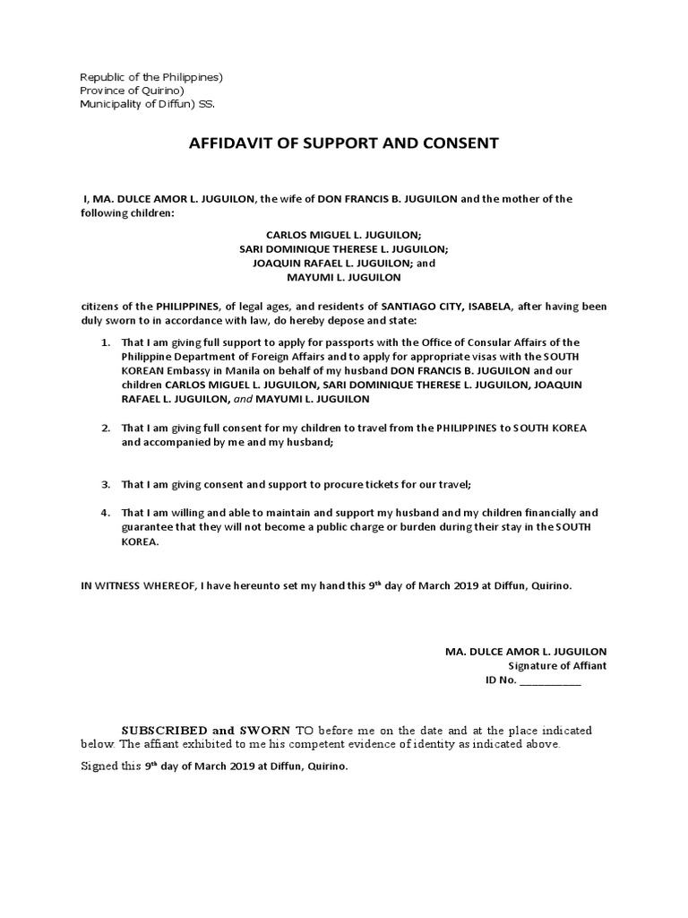 Affidavit of Support and Consent | PDF