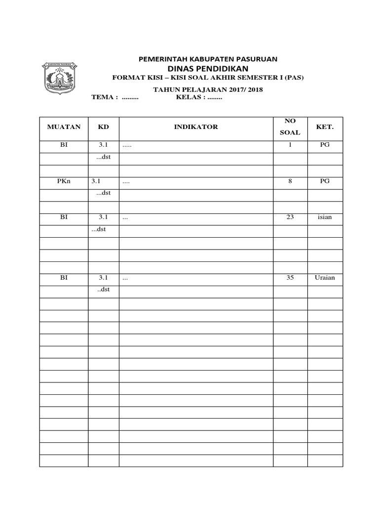 Contoh Format Kisi Kisi Dan Soal K13 | PDF