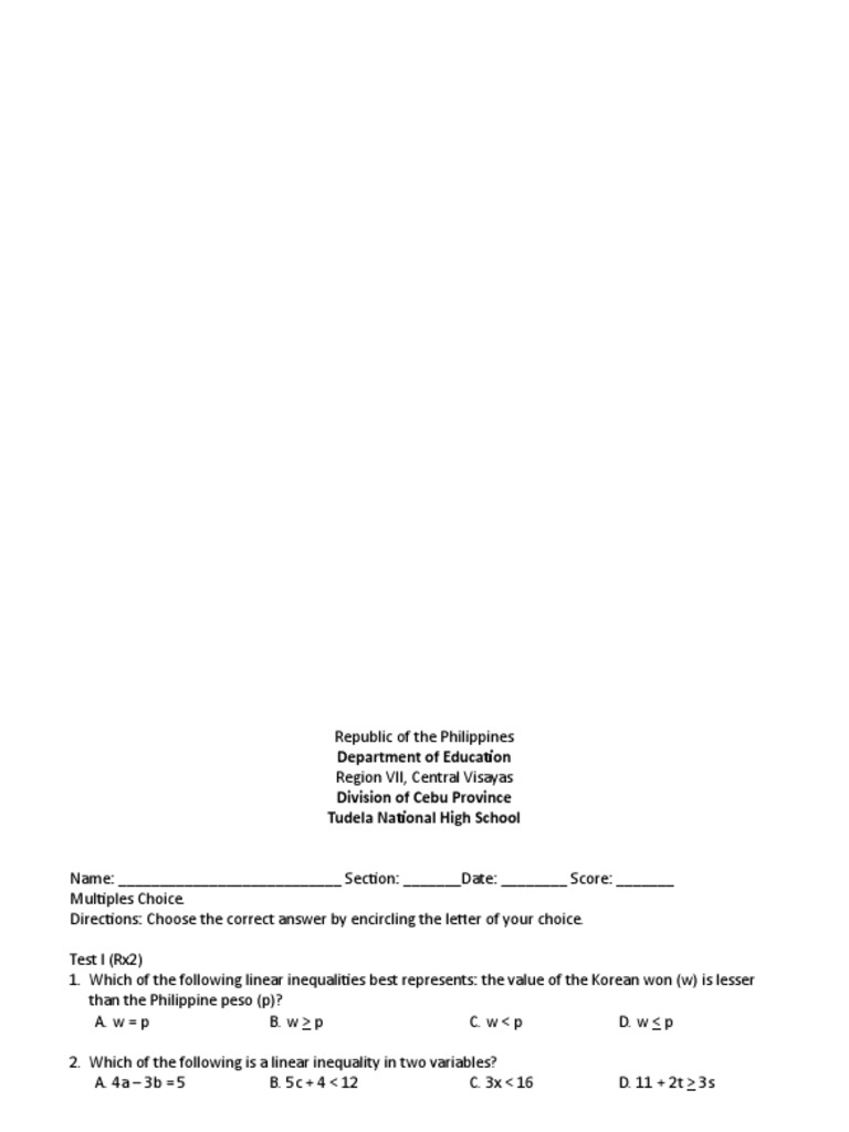 Grade 8 (Second Quarter) Long Quiz | PDF | Function (Mathematics ...