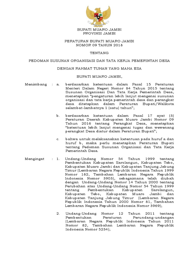 Perbup No. 09 THN 2018 Tentang SOTK Desa | PDF