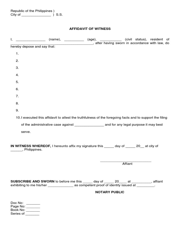 Affidavit of Witness Template Philippines | PDF