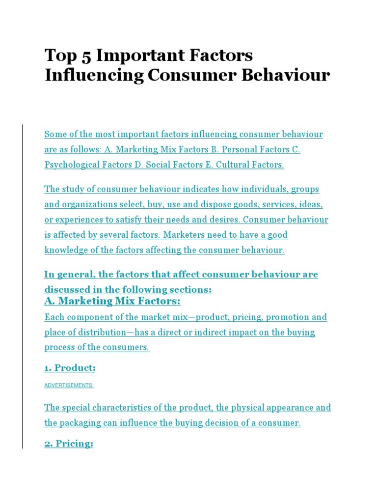 Top 5 Important Factors Influencing Consumer Behaviour | PDF | Consumer ...