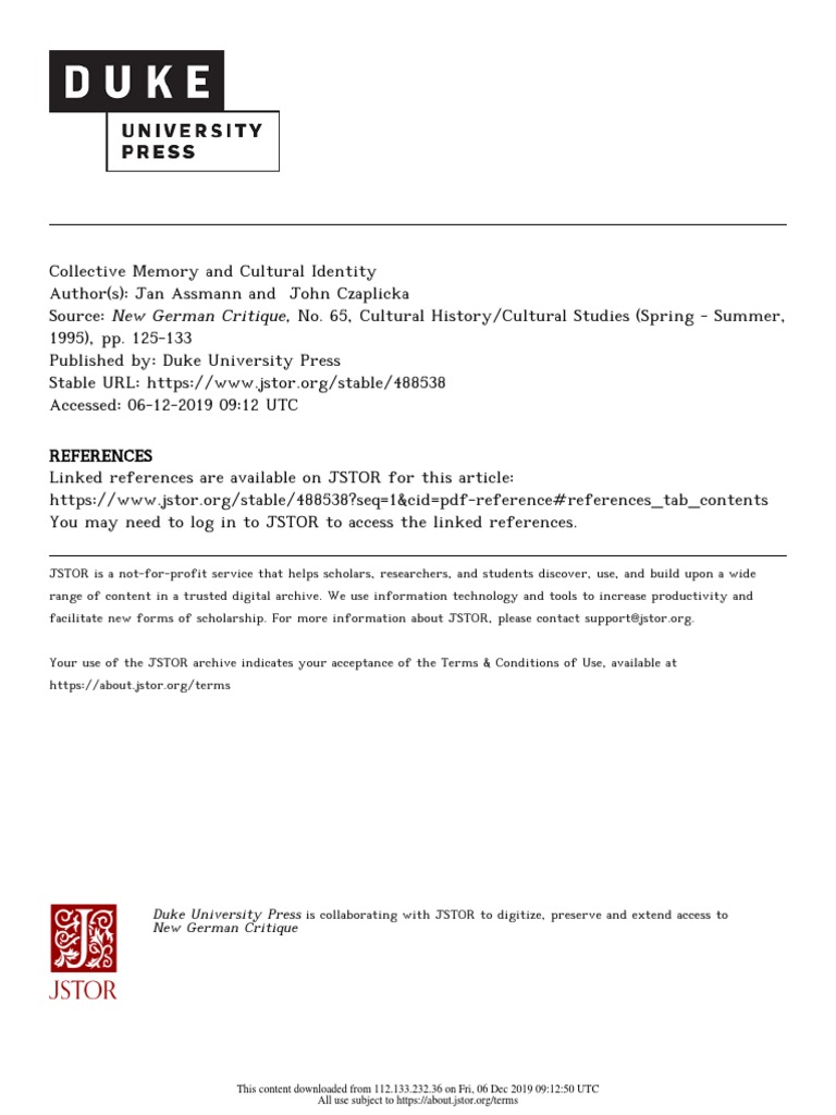 Assmann, Jan - Collective Memory and Cultural Identity PDF | PDF ...