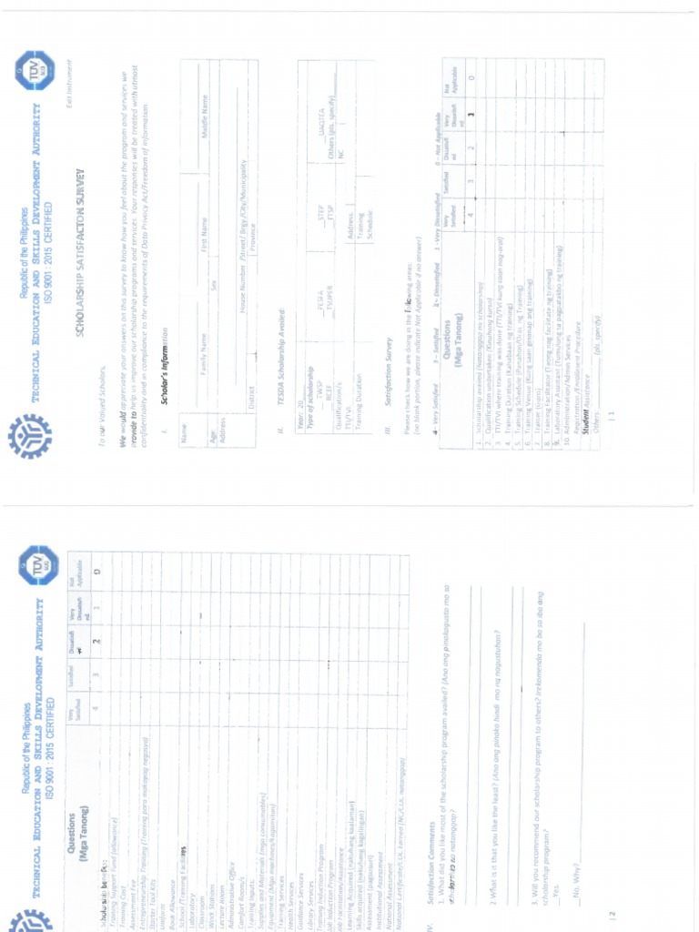 TESDA Exit Instrument Survey | PDF
