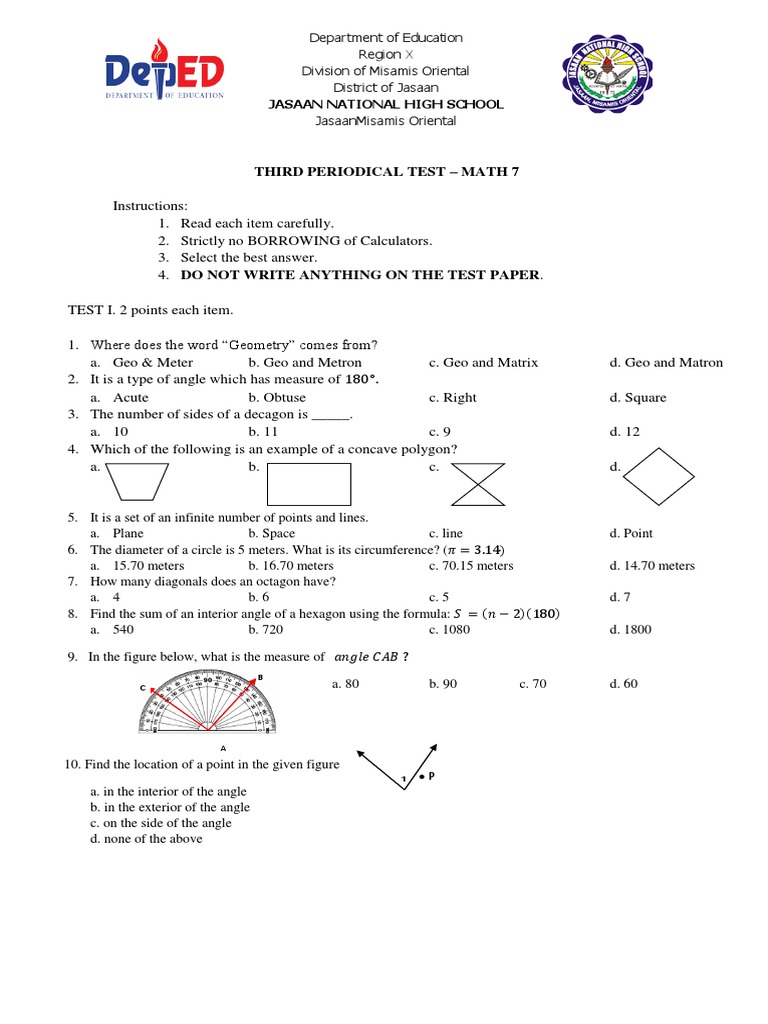Math 7 - 3rd Quarter Exam | PDF | Angle | Circle