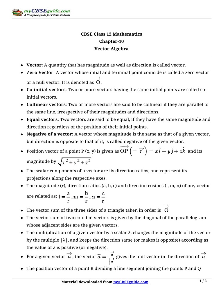 12 Maths Key Notes CH 10 Vector Algebra | PDF | Euclidean Vector | Space