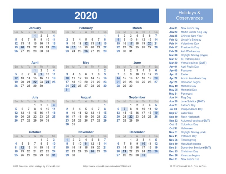 2020 Yearly Holiday Calendar | Download Free PDF | Observances | Holidays